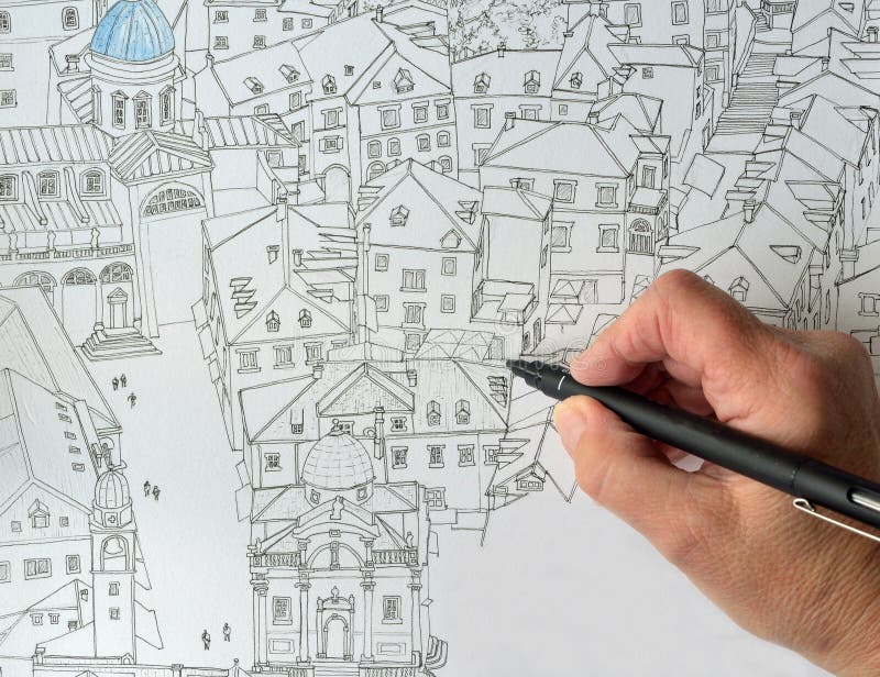 Hand with Pen Drawing Dubrovnik Old Town Stock Illustration ...