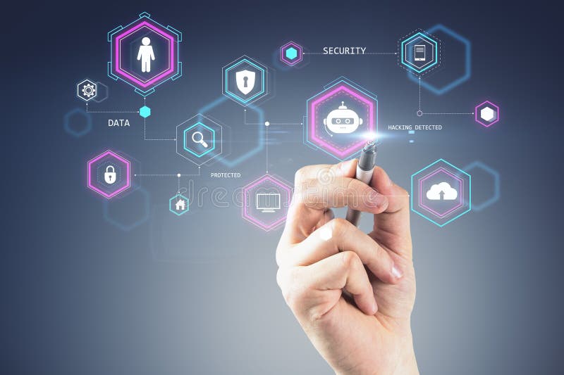 Hand with Pen Interacting with Cybersecurity Icons on Futuristic Interface Stock Photo - Image ...