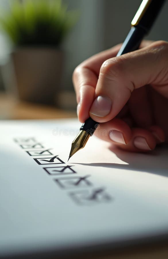 Hand with Pen Marking Checklist Items in Well-lit Office Setting. Focus ...