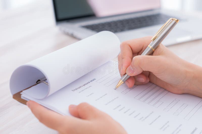 Hand with Pen Over Application Form. Stock Image - Image of application ...