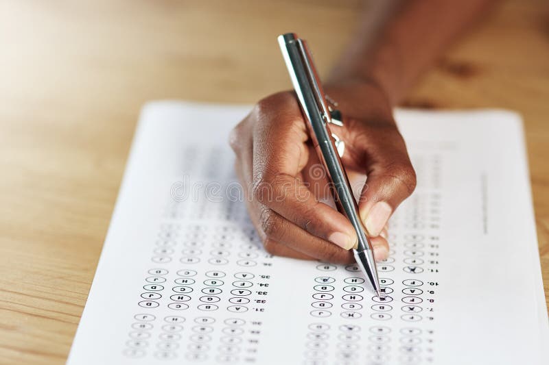 Hand, Pen and Person with Answer Sheet for University Test, Assignment ...