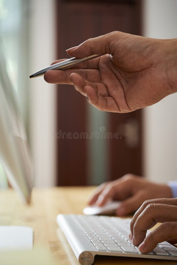 Hand with Pen Pointing at Screen Stock Image - Image of modern ...