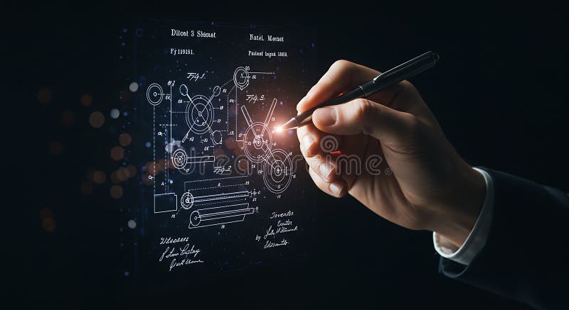 Hand with Pen Points To Technical Blueprint on Transparent Display ...