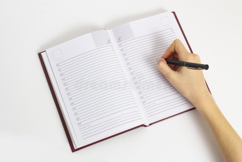Hand with Pen is Ready To Write in an Open Notebook Stock Image - Image ...