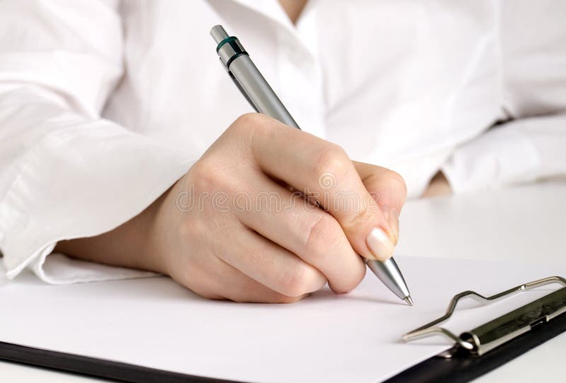 Hand with pen writing stock image. Image of clipboard - 18184797
