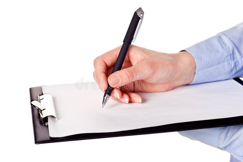 Hand with Pen Writing on the White Page Stock Image - Image of female ...
