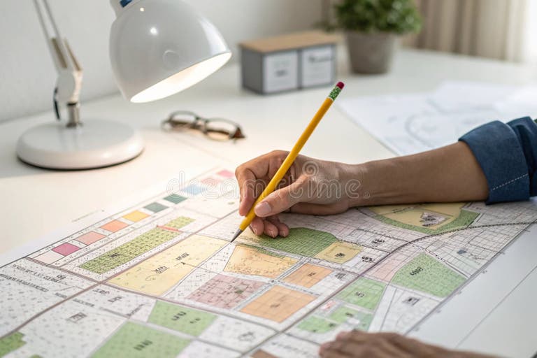 Hand with Pencil on Cadastral Map for Plot Selection Stock Illustration ...