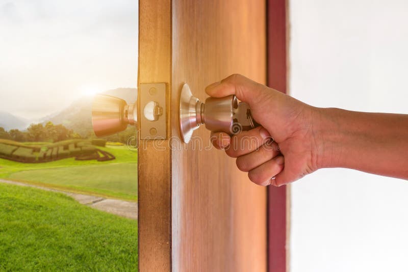 Hand of People Open the Door To Inside ,outside Door Open Putting into ...