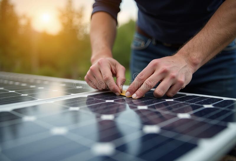 Adjusting Solar Panel at Sunset Stock Illustration - Illustration of ...