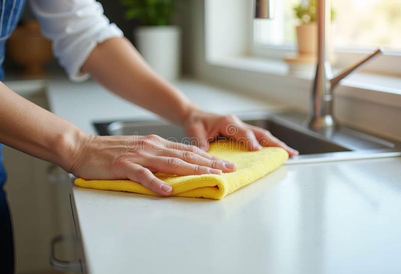 Cleaning Kitchen Countertop with Yellow Cloth Stock Illustration ...