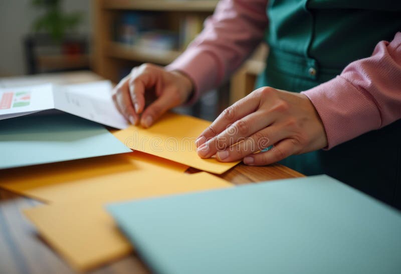 Hands Folding Colored Papers in Craft Workshop Stock Illustration ...