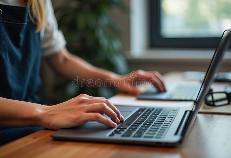 Typing on Laptop in Apron with Natural Light Stock Illustration ...