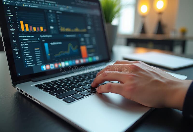 Typing on Laptop with Data Visualizations Stock Illustration ...