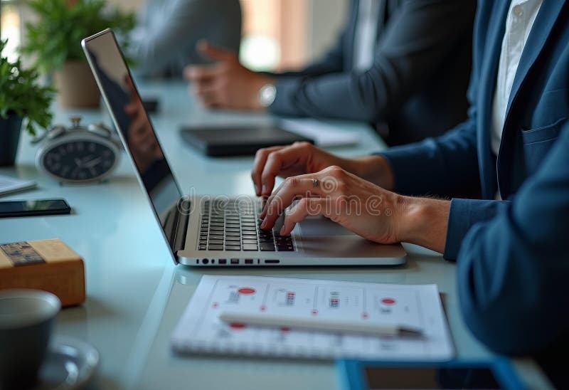 Typing on Laptop in Formal Attire with Desk Items Stock Illustration ...