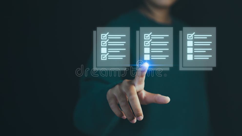 Hand Person Pointing at a Virtual Checklist with Complete Task ...
