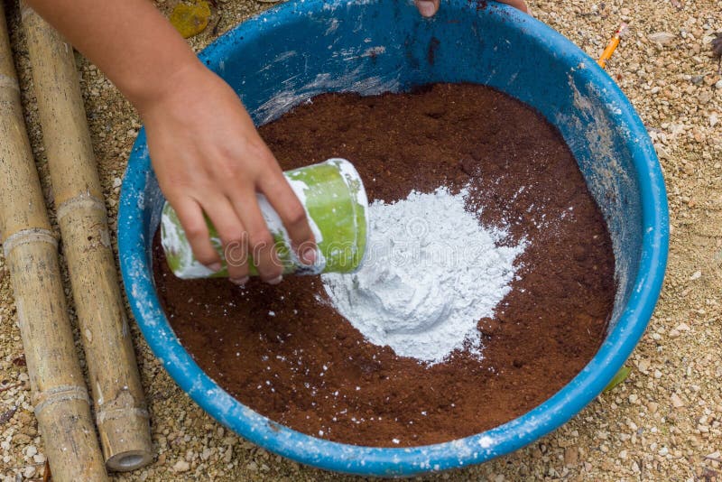 Hand of a Person Pouring White Powder into a Container with Soil Stock ...