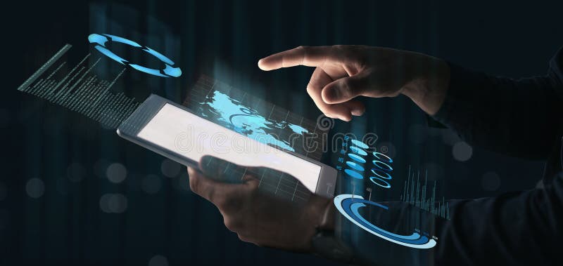 Hand of Person, Tablet or Hologram of Digital, Information Technology ...