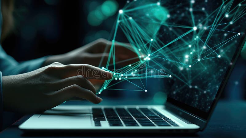 Hand of Persons Working on Laptop with Digital Network Connection ...