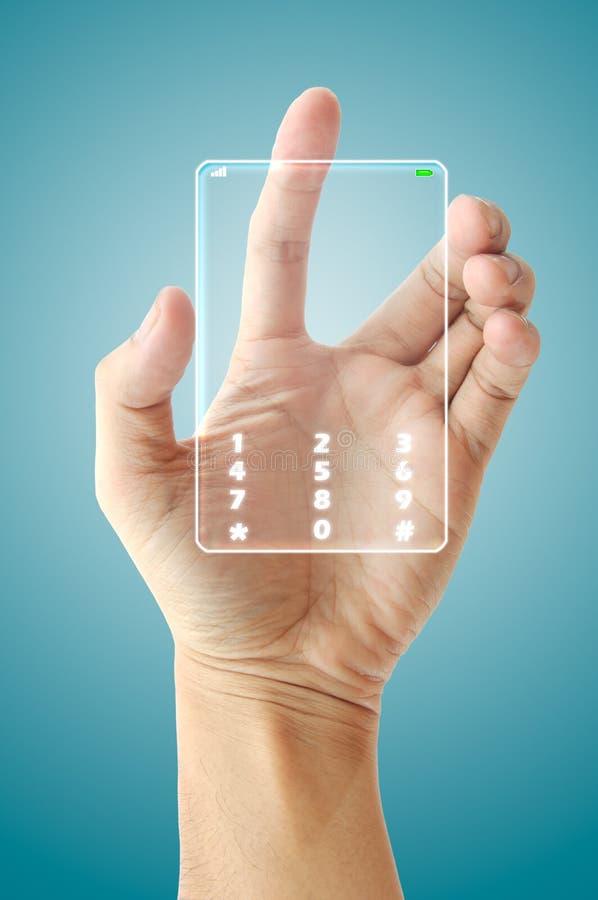 Hand Holding Transparent Future Mobile Phone Made of Graphene. Concept ...