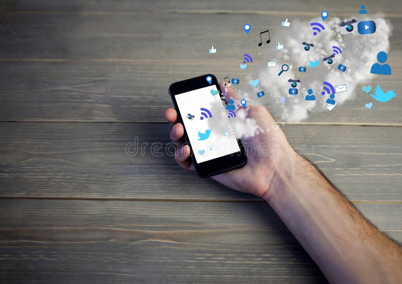 Hand with Phone and Icons with Clouds Coming Out of Screen Stock Photo ...