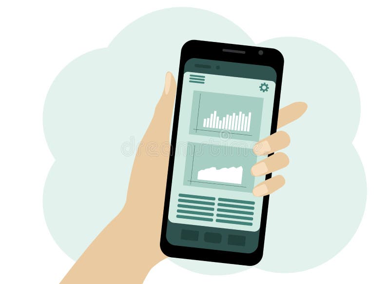 Hand with the Phone. on-screen Charts and Indicators. Business ...