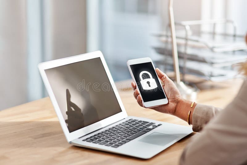 Hand, Phone Screen and Lock Icon in Office with Laptop, Display and Ux ...