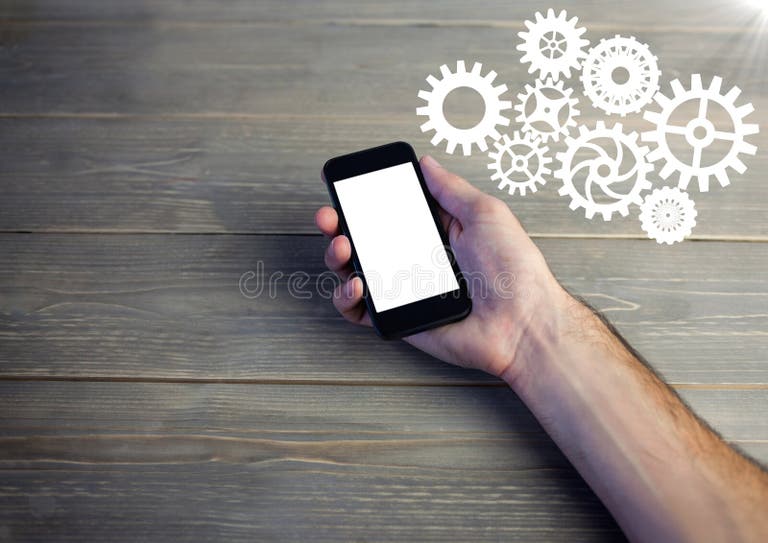 Hand with Phone and White Cog Graphics with Flare Stock Photo - Image ...