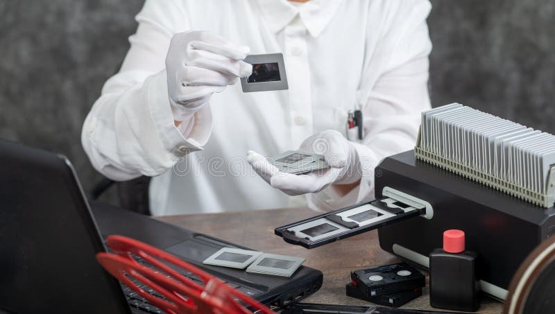 Hand Photographer Digitize Film Slide for Saving Stock Photo - Image of ...