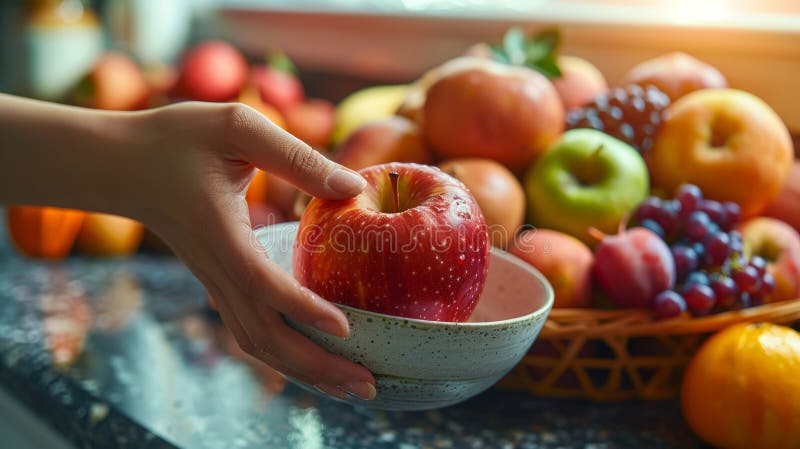 A Hand Picking an Apple from a Fruit Bowl. Stock Image - Image of ...