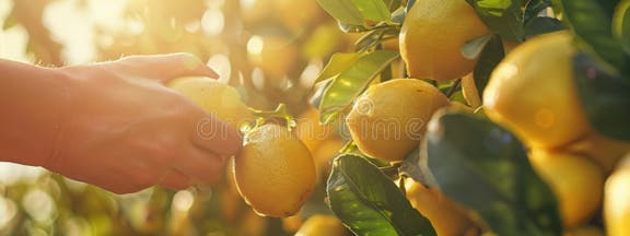Hand Picking Fresh Lemons from a Tree at Sunrise. Stock Image - Image ...