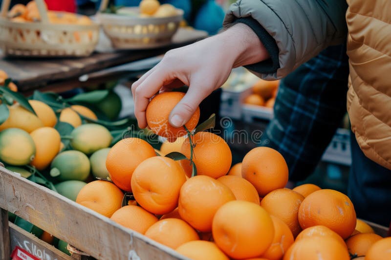 Hand Picking a Juicy Orange from a Market Stall Stock Photo - Image of ...