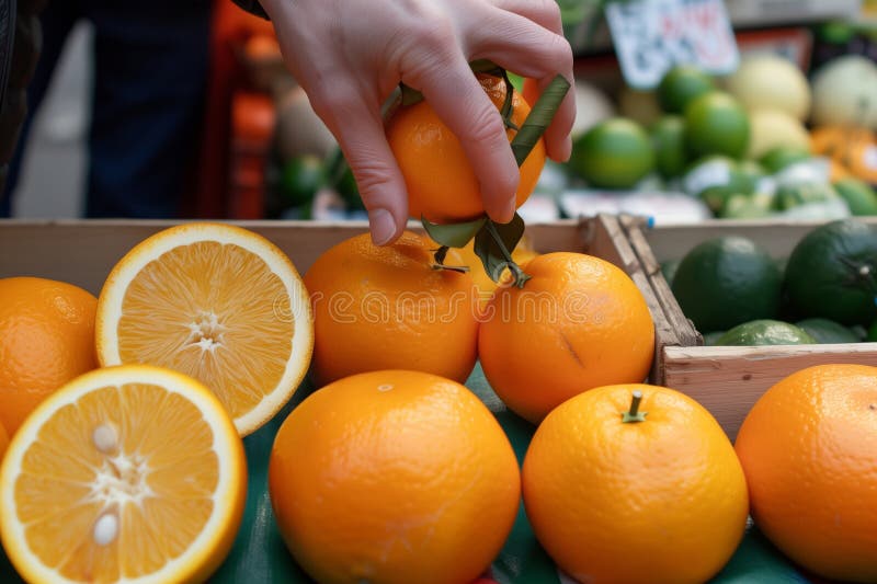 Hand Picking a Juicy Orange from a Market Stall Stock Image - Image of ...