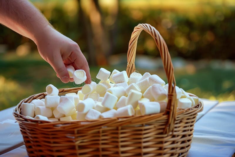 Hand Picking Marshmallows from a Basket Full on a Picnic Table Stock ...