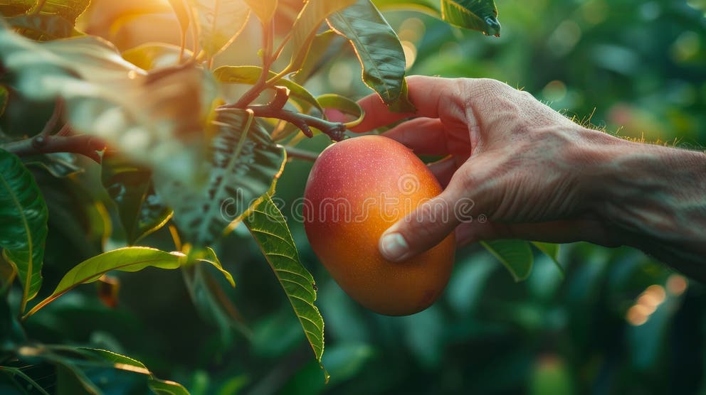 Hand Picking a Ripe Mango from a Tree in Sunlight. Stock Image - Image ...