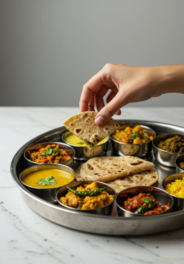 Hand Picking Roti from Traditional Indian Thali with Assorted Dishes on ...