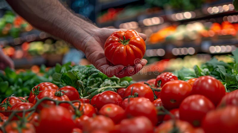 Hand Picking a Tomato in a Grocery Store Stock Photo - Image of ...