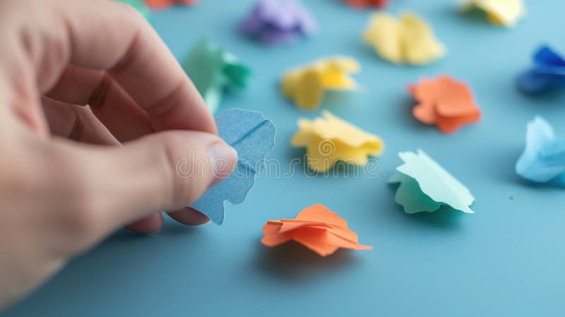 Hand Picking Up Bright Colorful Paper Shapes on Blue Surface Arranged ...