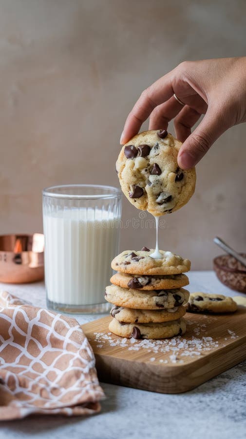 Hand Picking Up Chocolate Chip Cookie from Stack on Wooden Board Stock ...