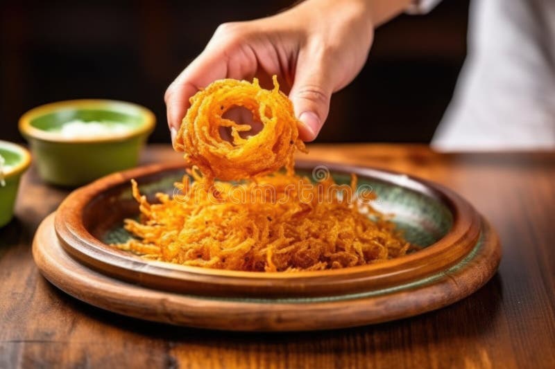 Hand Picking Up a Golden Crispy Onion Ring from a Plate Stock Image - Image of appetizer ...