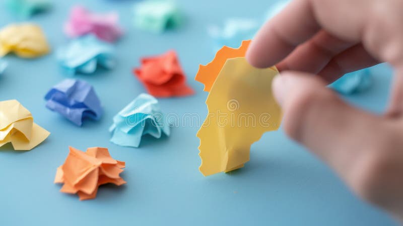 Hand Picking Up Yellow Crumpled Paper on Blue Surface Surrounded by ...