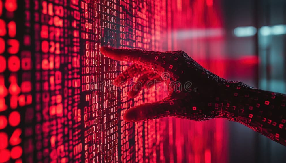 Cybersecurity Threat a Hacker Hand Piercing a Binary Firewall, Digital ...