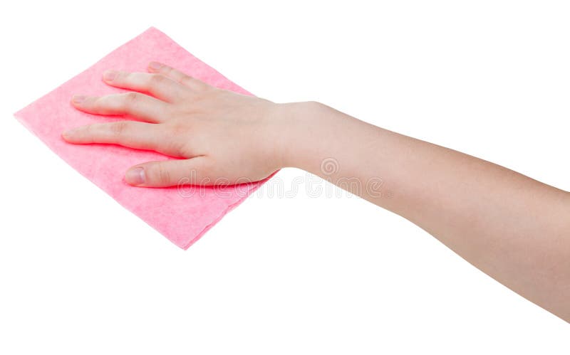 Hand with Pink Cleaning Rag Isolated on White Stock Image - Image of ...