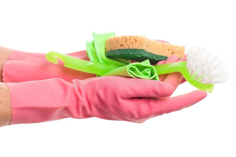 Hand in a Pink Glove Holding Sponge Stock Photo - Image of household ...