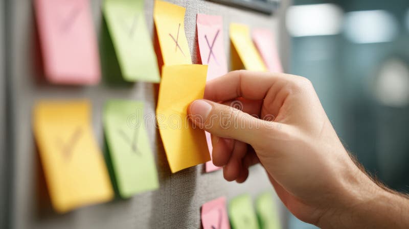 Hand Pinning a Reminder Note To a Clean Bulletin Board with a Checklist ...