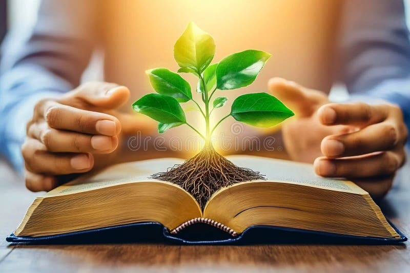 A Hand Placed on an Illuminated Book with Roots Extending from it ...