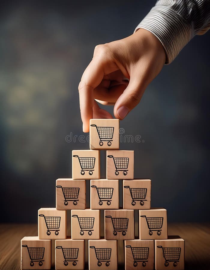 A Hand Places a Block with a Graph on a Pyramid of Shopping Cart Blocks ...