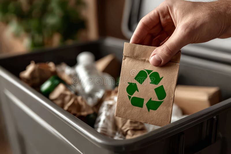 Hand Placing Paper with Recycling Symbol into Bin Stock Photo - Image ...