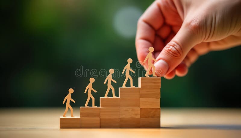 Hand Places Miniature Figure on Staircase. People Walk Up Steps ...