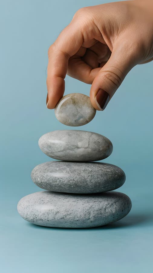 Hand Places Oval Stone Atop Balanced Stack, Calm and Precision Stock ...