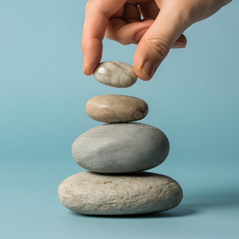 Hand Places Oval Stone Atop Balanced Stack, Calm and Precision Stock ...